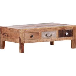 Couchtisch GUTMANN FACTORY "Puno" Tische Gr. B/H/T: 100 cm x 37 cm x 70 cm, beige (natur) Couchtische eckig massives Altholz Mango mit Schnitzereien, Shabby Chic, Vintage