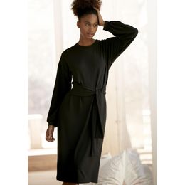 Strickkleid Lascana "-Loungekleid" Gr. 32/34, N-Gr, schwarz Damen Kleider Langarm mit Taillengürtel, Loungewear