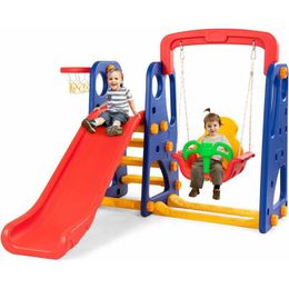 Goplus - 3-in-1 Kinder Spielplatz, Kinderrutsche Schaukel und Basketballkorb, aus hdpe, mit Haltegriffen, rutschfeste Leiter, mit Abgerundeten Ecken,