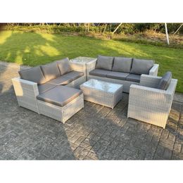 Rattan Gartenmöbel Set mit 3-Sitzer Sofa Sessel Beistelltisch Couchtisch Fußhocker Helles Grau - Fimous