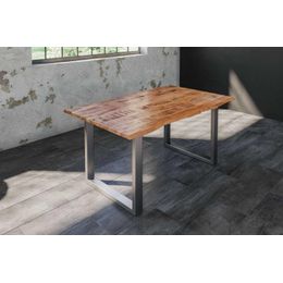 B-Ware Baumkantentisch Esstisch Mangoholz massiv U-Gestell silber 120 x 80 cm DORA