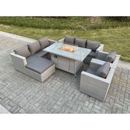 Fimous - Gas Feuertisch für den Außenbereich Rattan Gartenmöbel Set mit 2 Sofa 2 Sessel Hocker Gas Feuerstelle Helles Grau