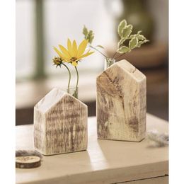 2x Vase 'Häuschen' aus Holz, geflammt, mit Reagenzglas für einzelne Blumen, Blumenvase, Reagenzglasständer