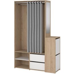 ebuy24 Kit Kleiderschrank offen, mit Vorhang, 2 Schubladen, Schuhschrank Nussbaum dekor weiß Vorhang hellgrau.