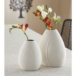 2x Blumenvase 'Blattstruktur' aus Porzellan, beige, Vase, Dekovase, Vasenset