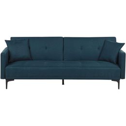 Beliani - 3-Sitzer Schlafsofa Seeblau Stoffbezug Gesteppt mit Schwarzen Metallbeinen 2 Kissen Retro Klappsofa Wohnzimmer Sofa mit Schlaffunktion