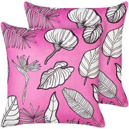 Beliani Dekokissen 2er Set Pink aus Samtstoff Blattmuster 45 x 45 cm Quadratisch Wohnaccessoires Dekoration für Sofa Bett Wohnzimmer