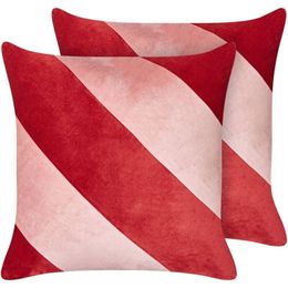 Beliani Dekokissen 2er Set Rosa u. Rot aus Samtstoff Gestreift 45 x 45 cm Quadratisch Wohnaccessoires Dekoration für Sofa Bett Wohnzimmer