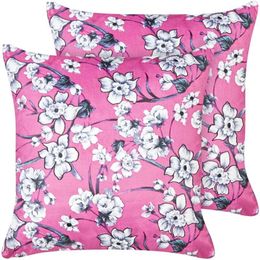 Beliani Dekokissen 2er Set Pink aus Samtstoff Blumenmuster 45 x 45 cm Quadratisch Wohnaccessoires Dekoration für Sofa Bett Wohnzimmer