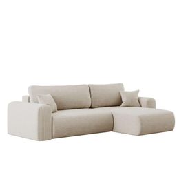 Kaiser Ecksofa mit Schlaffunktion und Stauraum für Bettzeug, L-förmiges Sofa, Capri Stoff Poso Ecru Rechts