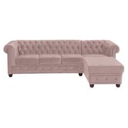 Chesterfield-Sofa Home Affaire "New Castle L-Form" Sofas Gr. B/H/T: 255cm x 72cm x 171cm, Samtoptik, Ottomane rechts, rosa (flamingo) hochwertige Knopfheftung in Chesterfield-Design, BTH: 255(17172)