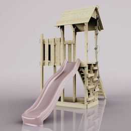 Rebo Spielturm aus Holz mit Wellenrutsche Outdoor Klettergerüst mit Plattform und Kleterseil- Altrosa - Rosa