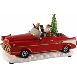 Spetebo Led Weihnachts Szene 'Weihnachtsmann im Oldtimer' rot - 25 cm / Batterie - Tisch Deko mit Sound Bewegung und bunter Beleuchtung