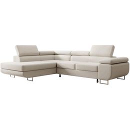 Stevil - Ecksofa L-Sofa mit Schlaffunktion, Bettkasten, Ottomane links, Veloursbezug Hellbeige - Selsey