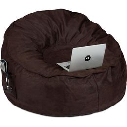 Sitzsack xxl, Wildlederoptik, Schaumstoff, 2 Seitentaschen, Riesensitzsack Erwachsene, Bean Bag, dunkelbraun - Relaxdays