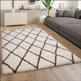 Paco Home - Teppich Wohnzimmer Creme Weiß Weich Groß Shaggy Flokati Rauten Muster Hochflor 200x290 cm