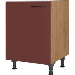 Spülenschrank Nobilia ""Easytouch", Ausrichtung wählbar, vormontiert, in den Breiten" Schränke Gr. B/H/T: 60 cm x 87 cm x 58,3 cm, Türanschlag links, 1 St., rot (front: lacklaminat rostrot ultramatt, korpus: eiche sierra nachbildung) 45 und 60 cm, mit höhenverstellbaren Sockelfüßen