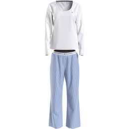 Pyjama Tommy Hilfiger Underwear "TH LS PJ SET WOVEN" Gr. M (38), blau (white, ithaca stripe blue spell) Damen Homewear-Sets Pyjamas Shirt uni, Hose gestreift