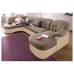 Wohnlandschaft DOMO collection "Flores auch in Leder-Bezug, B/T/H: 293/180/86 cm, U-Form" Sofas Gr. B/H/T: 293 cm x 86 cm x 180 cm, Kunstleder SOFTLUX-Struktur, Recamiere rechts, ohne Bettfunktion-mit Federkern, braun (creme, beige, braun) wahlweise mit Bettfunktion, Federkern