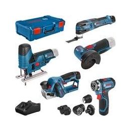Bosch 5-teiliges 12Volt-Werkzeug-Set, GSR + GOP + GHO + GWS + GST blau, 3x Li-Ionen Akku, XL-BOXX