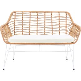 Sitzbank Salesfever Sitzbänke Gr. B/H/T: 120 cm x 85 cm x 69 cm, Sitzbank Rattanoptik natur-Metallgestell weiß, Rattanoptik mit Sitzkissen, beige (natur, weiß, weiß) Rattan-Sofa Sitzbank Küchenbank Indoor- und Outdoor geeignet