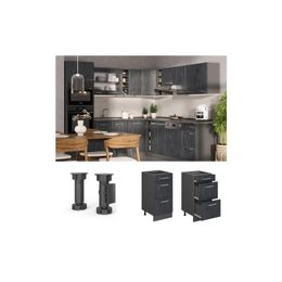 VICCO Schubladenunterschrank R-Line Schwarz Beton Anthrazit 40 cm mit Arbeitsplatte Wei&szlig;-Marmor