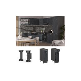 VICCO Schubunterschrank R-Line Schwarz Beton Anthrazit 30 cm mit Arbeitsplatte Wei&szlig;-Marmor