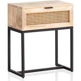 FineBuy - Nachtkonsole Mango Massivholz / Rattan 50x60x30 cm Nachttisch Braun, Nachtkommode Boxspringbett mit Schublade Wiener Geflecht,