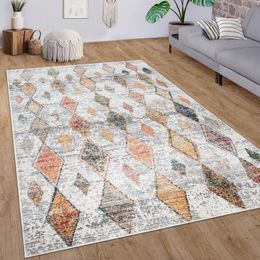 Paco Home - Teppich Wohnzimmer Kurzflor Modernes Ethno Boho 3D Muster Mit Rauten Creme Bunt 120x170 cm