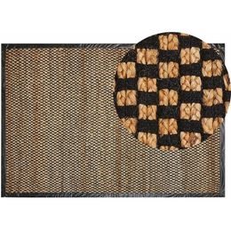 Beliani Teppich Schwarz und Beige Jute Echtleder Baumwolle Rechteckig 140x200 cm Kurzflor Handgewebt Boho für Fußbodenheizung Läufer Flur Diele Vorleger