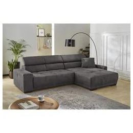 Jockenhöfer Ecksofa JOCKENHÖFER GRUPPE "Le Mans L-Form mit elektromotorischer Sitztiefenverstellung (30 cm)" Sofas Gr. B/T: 315cm x 110cm, Luxus-Microfaser Lederoptik, Ottomane beidseitig montierbar, grau (anthrazit) und induktiver Lademöglichkeit + USB A C, verstellbare Kopfstützen