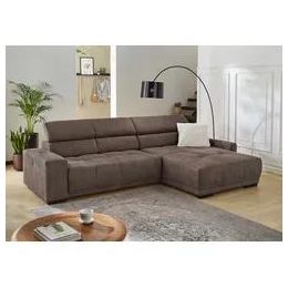 Jockenhöfer Ecksofa JOCKENHÖFER GRUPPE "Le Mans L-Form mit elektromotorischer Sitztiefenverstellung (30 cm)" Sofas Gr. B/T: 315cm x 110cm, Luxus-Microfaser Lederoptik, Ottomane beidseitig montierbar, braun (dunkelbraun) und induktiver Lademöglichkeit + USB A C, verstellbare Kopfstützen