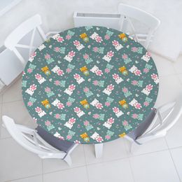 Abakuhaus Tischdecke Rundum-elastische Stofftischdecke, Katze Cartoon-Kätzchen, Vögel, Muster, blau