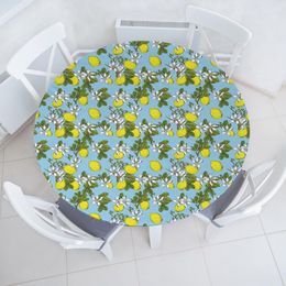 Abakuhaus Tischdecke Rundum-elastische Stofftischdecke, Botanisch Lemon Motiv mit Blüten, blau|gelb|grün