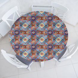 Abakuhaus Tischdecke Rundum-elastische Stofftischdecke, Ethnisch Mehrfarbige unregelmäßige Punkte, blau|orange