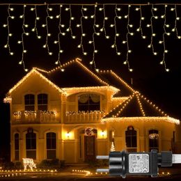 Rosnek Lichtervorhang 31V, 5-15M, 8 Modi, Timer, für Weihnachten Dach Fenster, 200-flammig, Eiszapfen, Speicherfunktion, für Hochzeit Haus Dekoratione