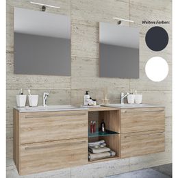 Vcm 3-tlg. Set 2 Waschtisch, 2 Spiegel, 2 Waschbecken, 1 Mittelfach Keramik Waschbecken Unterschrank 155 cm Badm&ouml;bel Set Doppel Waschplatz - Badinos XXL