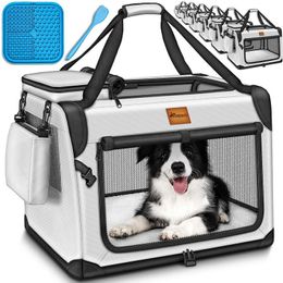 TRESKO Hundebox faltbar Grau (xl 83x58x58cm) inkl. Leckmatte und Spatel Transportbox für Hunde und Katzen Hundetransportbox für kleine & große Hunde