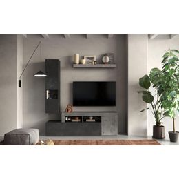Wohnwand Inosign, grau (beton, optik, bleigrau (piombo)), B:180cm H:195cm T:35cm, Kastenmöbel-Sets, 3tlg. Breite 180 cm (Lowboard, Stauraumschränke, Wandregal)