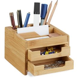 Relaxdays - Schreibtisch Organizer Bambus, Stiftehalter Holz, Schreibtischbox Schubladen, HxBxT: 9,5 x 12,5 x 15 cm, natur