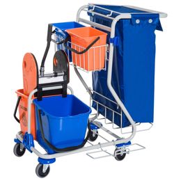 HOMCOM Putzwagen Reinigungswagen 4 Fahreimer Wischwagen Systemwagen mit Rollen Blau Orange 93 x 70 x 97 cm