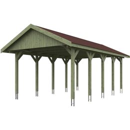 Skan Holz Einzelcarport SKANHOLZ "Wallgau" Carports Gr. B/H/T: 430 cm x 215 cm x 750 cm, grün Carports mit roten Dachschindeln