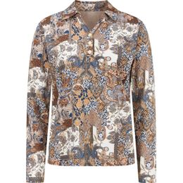 Damen Langarm-Poloshirt mit Druckmuster dunkelblau-cognac-bedruckt, Gr&ouml;&szlig;e 40