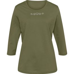 Damen 3/4-Arm-Shirt mit Ziersteinchen oliv, Gr&ouml;&szlig;e 40