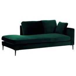 Recamiere LEONIQUE "Cozy" Sofas Gr. B/H/T: 195cm x 80cm x 97cm, Samtoptik, Armlehne rechts, grün (dunkelgrün) Chaiselongue Sofas mit losen Kissen und Metallbeinen, Armlehne links oder rechts wählbar