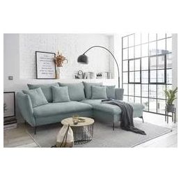 Ecksofa Andas "LIVORNO,258 cm, L-Form" Sofas Gr. B/H: 258cm x 91cm, Struktur, lange Ottomane rechts, blau (blaugrau) Schlaffunktion u. Bettkasten (139224cm), Samt, Struktur, Webstoff