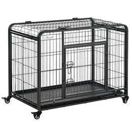 PawHut Hundetransport 4 Drehrollen, davon 2 mit Bremsen, haltbare Materialien Dunkelgrau 94 x 58 x 69,5 cm (LxBxH)