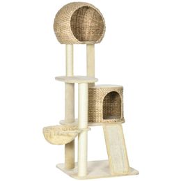 PawHut Kratzbaum mit Katzenhaus beige 60L x 60B x 150H cm