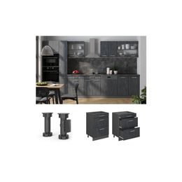 Livinity Schubladenunterschrank R-Line Schwarz Beton Anthrazit 60 cm mit Arbeitsplatte Eiche