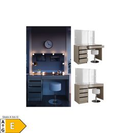 Livinity Schminktisch Sherry Greige Hochglanz 120 x 75 cm 5 Schubladen Spiegel Hocker LED